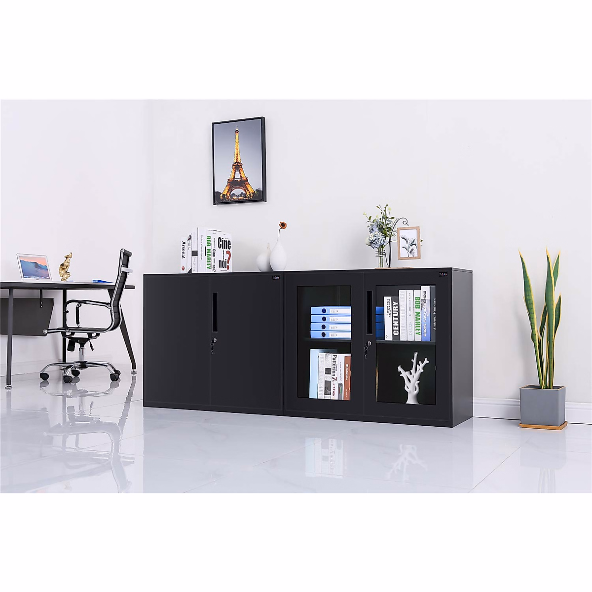 MECOLOR FURNITURE Metal Office File Cabinet with Door and Lock Height Adjustable (Black, 30 inch Glass Door)
