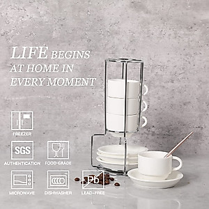 Sweejar 6-Piece Espresso Spoons 18/8 Stainless Steel Porcelain Espresso Cups with Saucers, 2.5 Ounce Stackable Cappuccino Cups