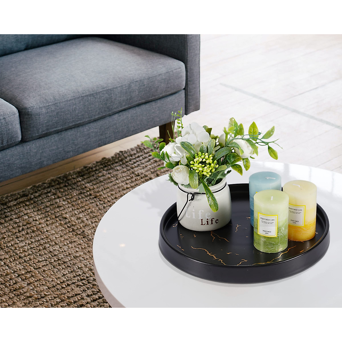 Decorative Ceramic Serving Tray for Coffee Table & Dining Table Centerpiece, 10'' Round Candle Holder Tray, Bathroom Kitchen Trays for Counter, Black & Marble Finish