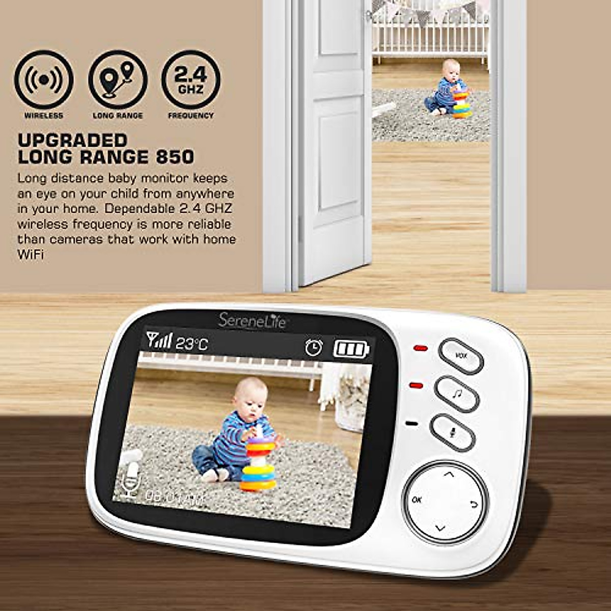 SereneLife Wireless Video Baby Monitor - Dual System w/Temperature Thermometer Sleep Camera, 3.2” Digital Color Screen Wireless Rechargeable Battery, Audio Speaker and Portable Mobile Clip - SLBCAM20