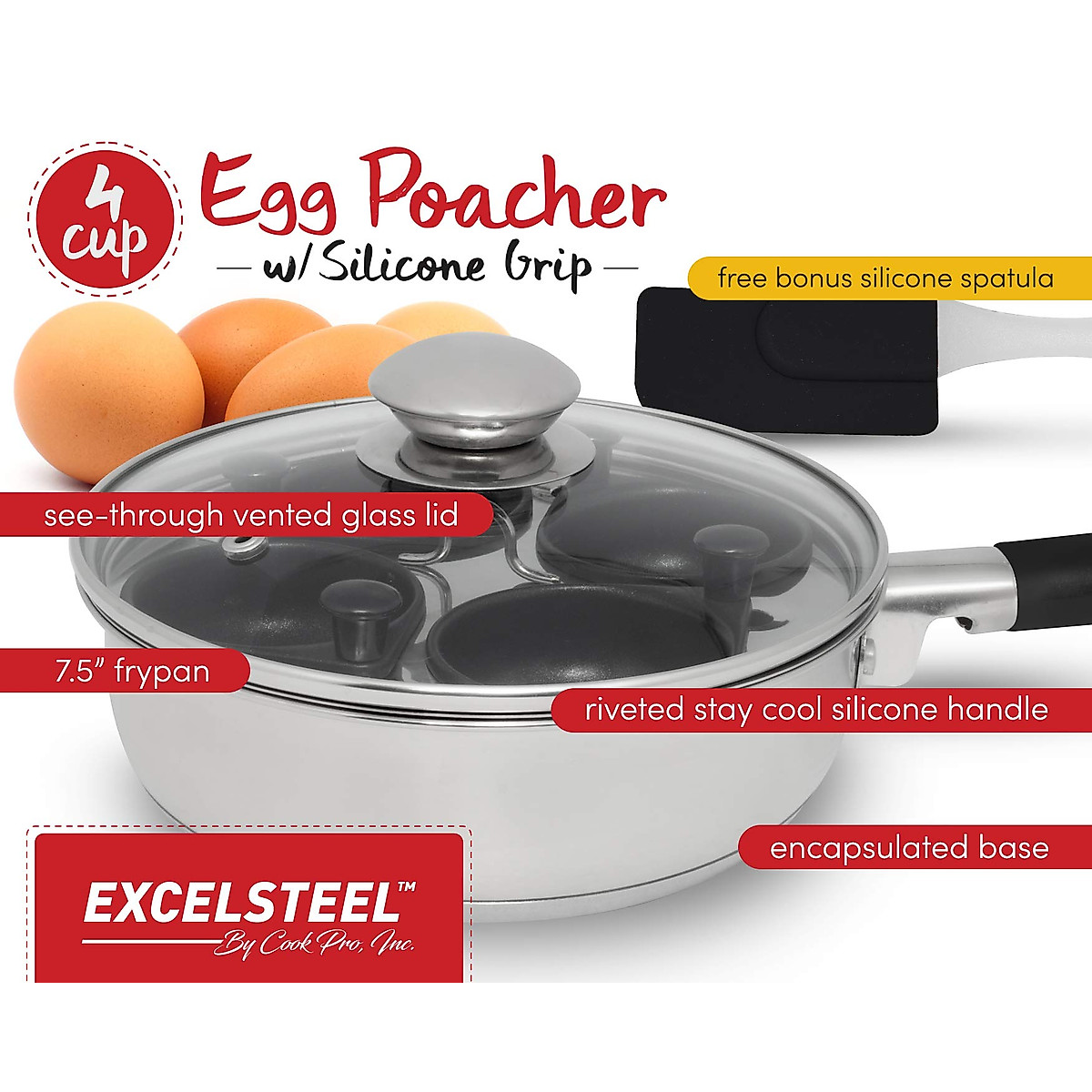 Excelsteel 18/10 Stainless Steel 4 Cup Egg Poacher, Non Stick Easy Use Rust Resistant Home Kitchen Breakfast Brunch Induction Cooktop Ready