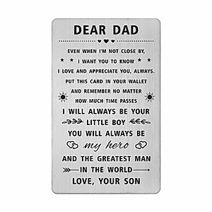 SOUSYOKYO Dad Christmas Card Gift from Son - Dear Dad Card from Son, Dad Birthday Gifts from Son, Cool Thank You Present for Dad from Son, Unique Dad is My Hero Stainless Steel Wallet Card