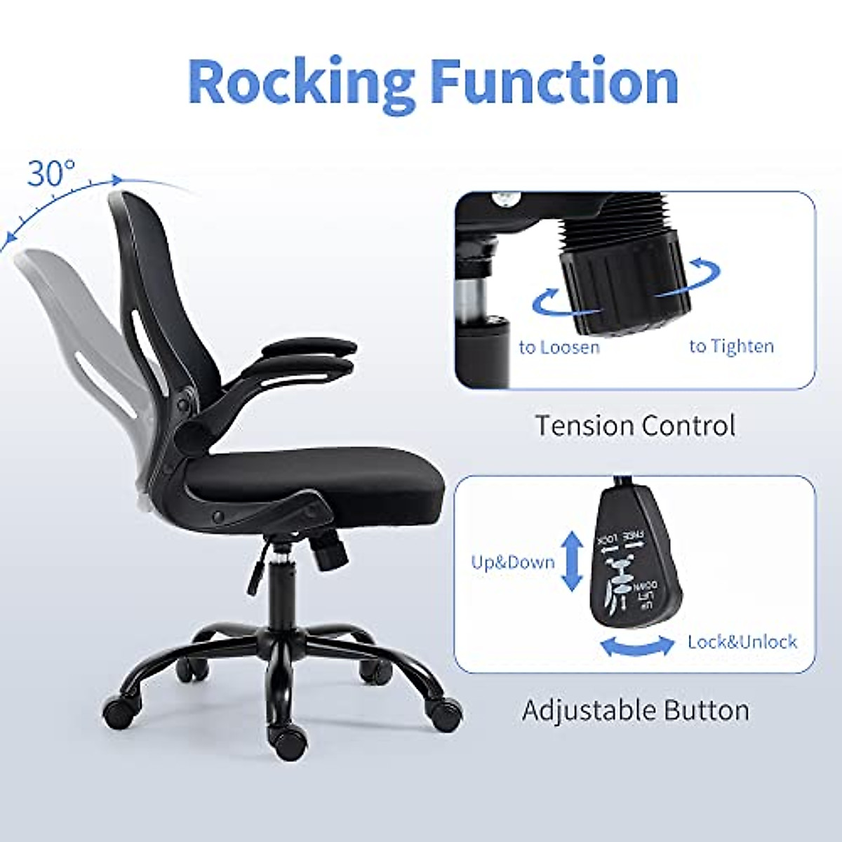 HOMEFUN Desk Chair with Wheels, Black Office Chair, Ergonomic Mesh Rolling Chair with Flip-up Armrests and Lumbar Support, Swivel Task Computer Chair