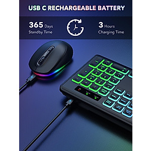 Wireless Keyboard and Mouse Backlit, Quiet Light Up Keys, Tilt Legs, Sleep Mode - Rechargeable USB Cordless Combo for Computer, iMac, PC, Laptop - by SABLUTE, Black
