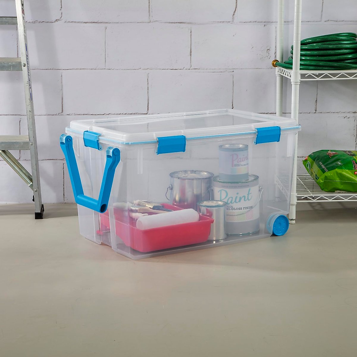 Sterilite 120 Qt Wheeled Gasket Box, Stackable Storage Bin with Latching Lid, Handle and Tight Seal, Plastic Container with Clear Base and Lid, 3-Pack