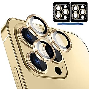 QsmQam [3x2 Pack] Camera Lens Protector for iPhone 14 Pro 6.1" & iPhone 14 Pro Max 6.7", Individual Metal Ring Tempered Glass Camera Cover, Ultra-High Definition,Anti-Scratch, with Installation and Removal Aids(Gold)