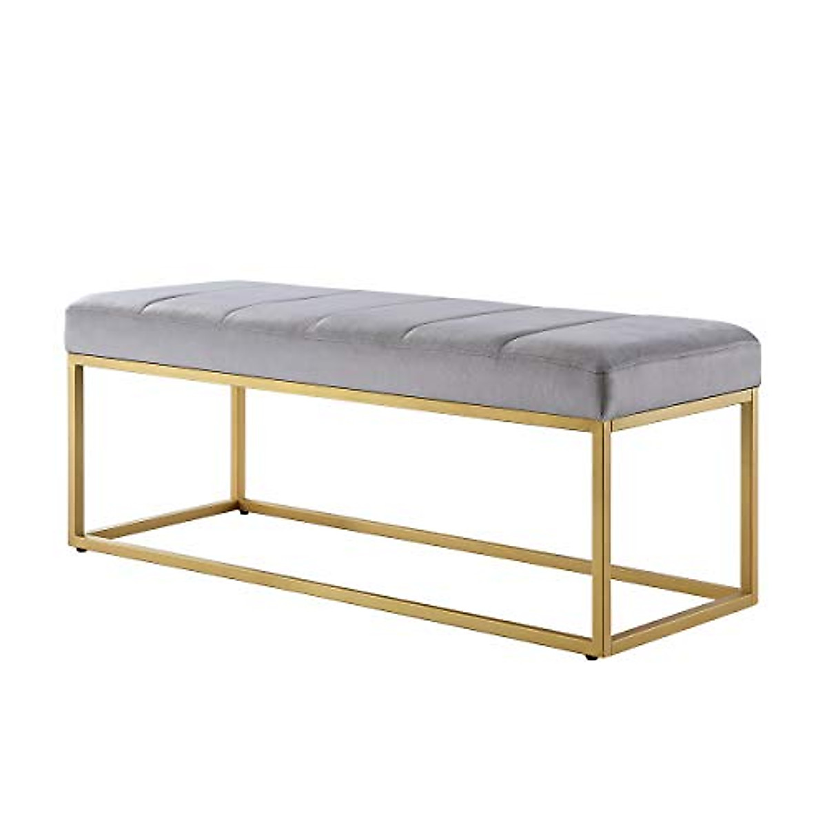 24KF Gray Velvet Upholstered Tufted Channel Bench, Velvet Cushion with Golden Metal Frame -Gray/Golden
