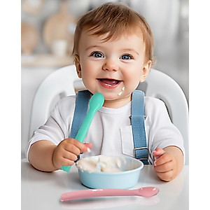 MONEE Baby Spoons | Gentle on Gums Silicone Baby Spoon | BPA-Free Dishwasher Safe Baby Utensils 6-12 Months | Baby Spoons Self Feeding 6+ Months | Silicone Feeding Supplies (Pink & Green)