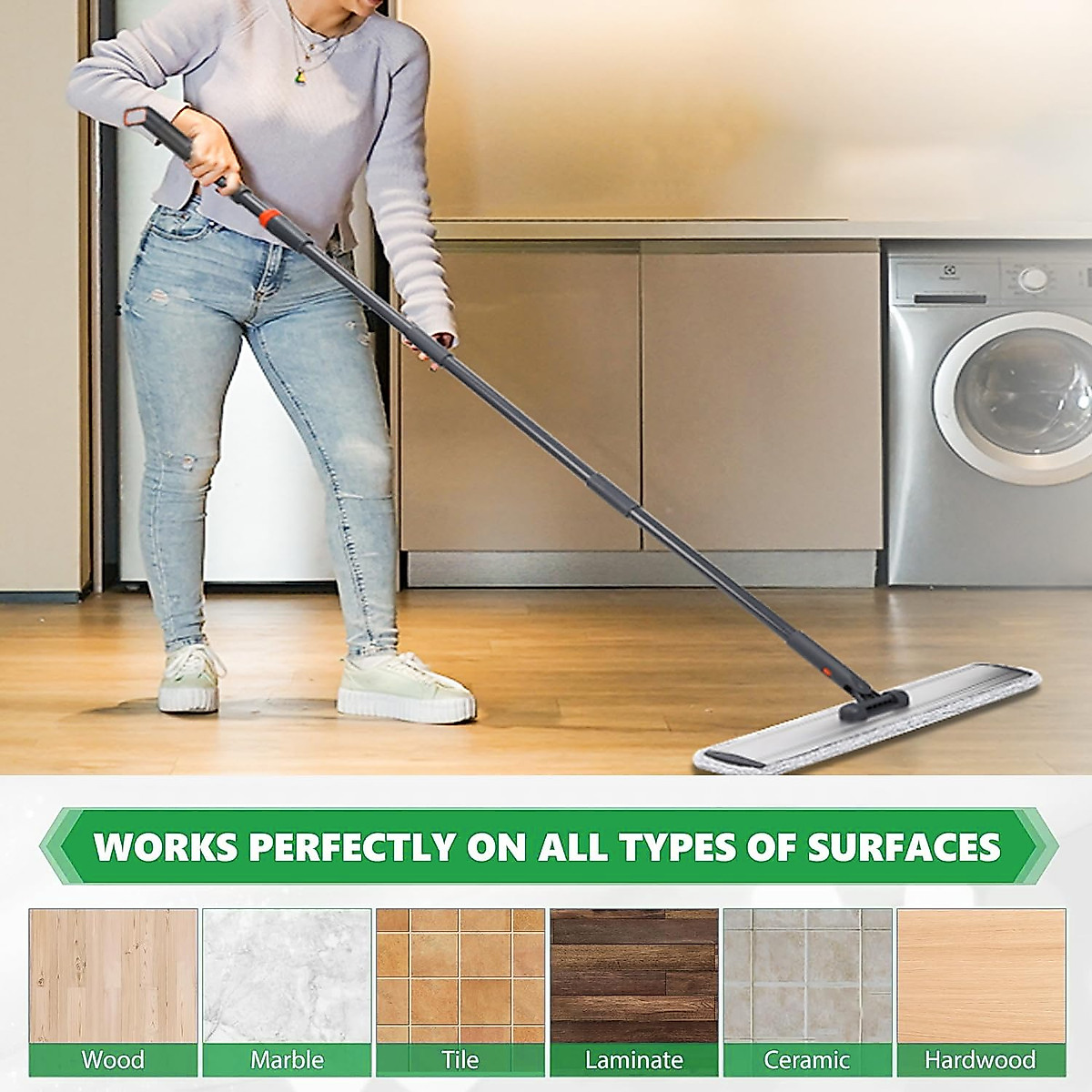 18 Professional Microfiber Mop Large Flat Mops for Floor Cleaning 4 Reusable Washable mop Pads Hardwood Cleaning System Wet and Dust Mop with 61in Long Stainless Steel Handle