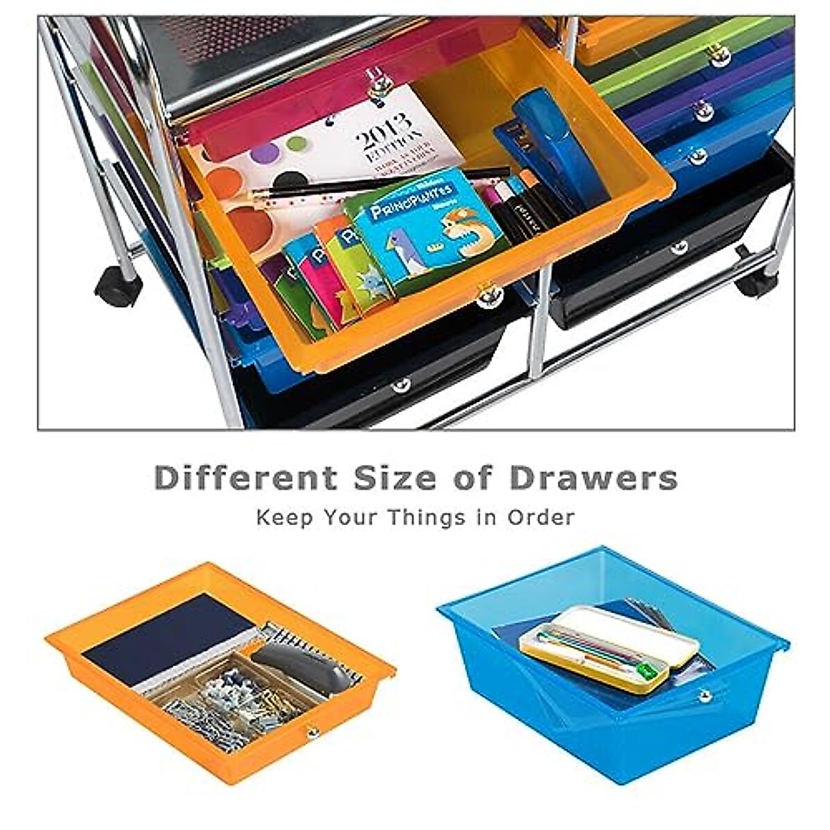 12-Drawer Rolling Storage Craft Cart and Organizer - Rolling Organizer Cart Tools and 4 Universal Casters (Transparent Multicolor)