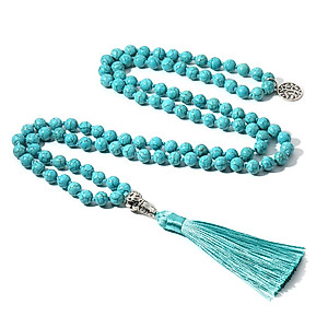 OAIITE 108 Mala Beads Necklace Semi-Precious Gem Stones Turquoise Necklace 108 Hand Knotted Japa Mala Beaded Tassel Necklace with Tree of Life Pendant