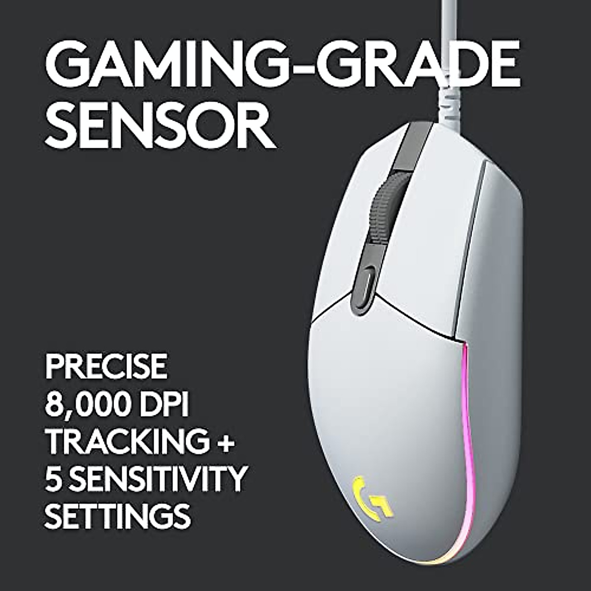 Logitech G203 Lightsync Gaming Mouse with Customizable RGB Lighting, 6 Programmable Buttons, Gaming Grade Sensor, 8 k dpi Tracking, Light Weight (White)
