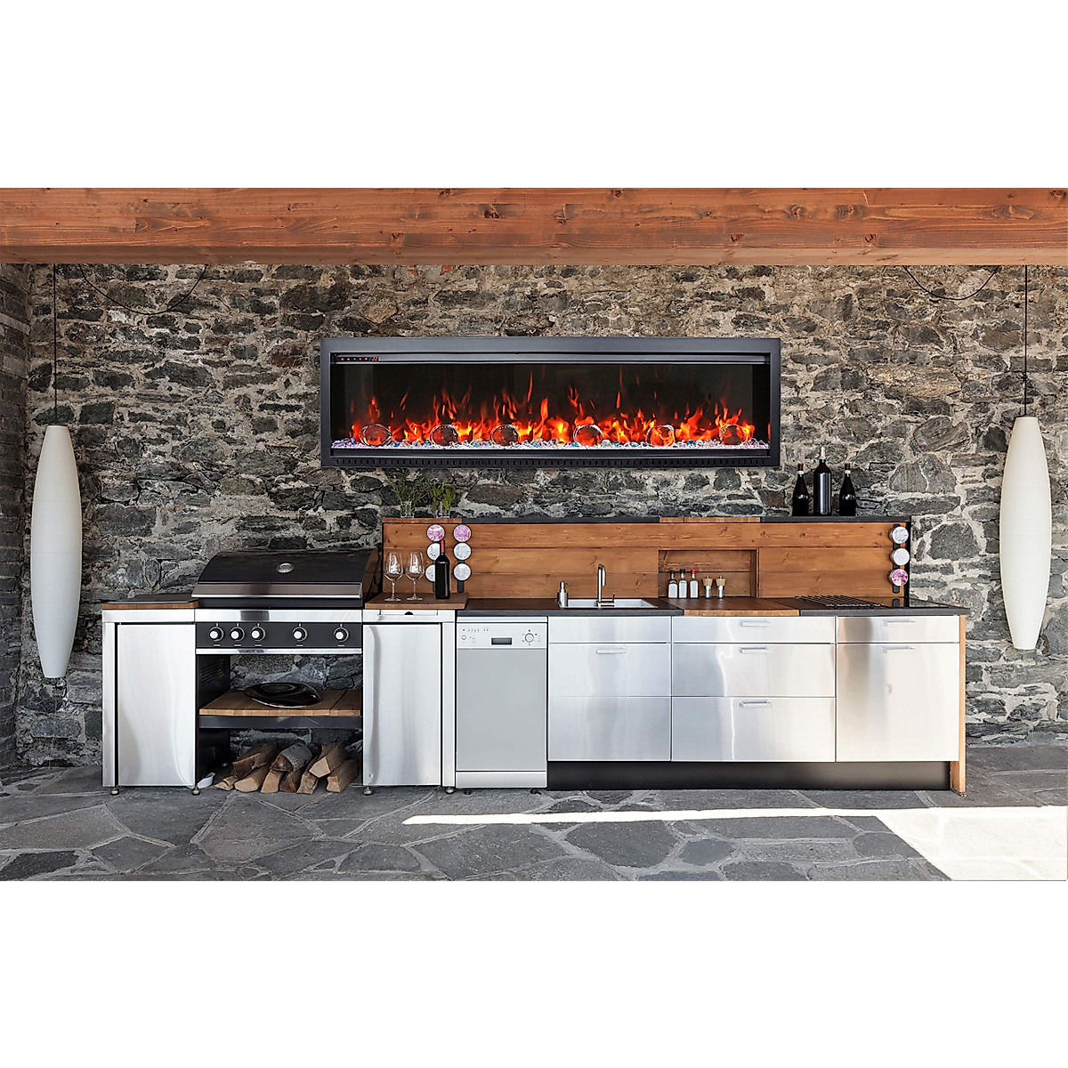 Amantii SYM-60-BESPOKE Symmetry Series Bespoke 60-Inch Built-in Electric Fireplace with Remote, Ice Media, Black Steel Surround