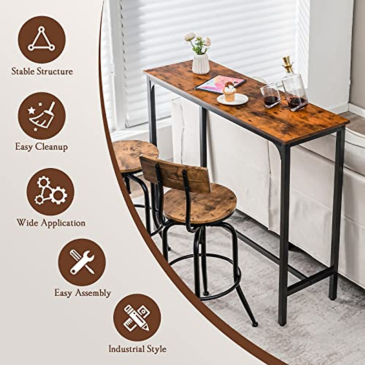 Giantex 48" Narrow Console Table - Long Bar Table, Rectangular Kitchen Dining Table w/Steel Frame, Adjustable Feet, Pub Table Counter Height Table, Sofa Side Table for Entryway, Hallway, Entry Table