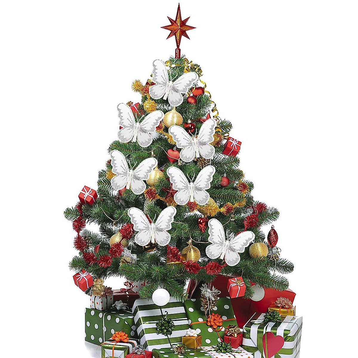 RTWAY Glitter Christmas Butterfly, 24 PCS 3D Glitter Artificial Butterfly Clip on Christmas Tree Ornaments for Wedding Holiday Party Home Decor