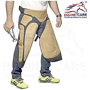 Equine Care Farrier Chaps with Back Support, 4 Knife Pockets & Nail Magnet - Cow Hide Suede Leather and Canvas Horse Shoeing Apron (27 Inch-70 CM)