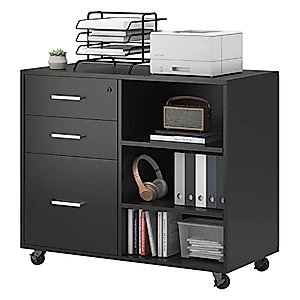 JUMMICO 3 Drawer Mobile File Cabinet, Wood Lateral Filing Cabinet with Lock, Printer Stand and Open Adjustable Storage Shelves for Home Office