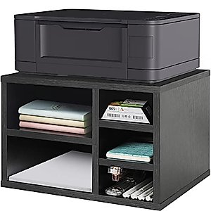 MaxGear Printer Stand with Storage, 2 Tier Wood Computer Printer Shelf, Paper and File Storage Rack Desk Organizers with Detachable Dividers, Printer Riser with 5 Compartments for Home Office, Black