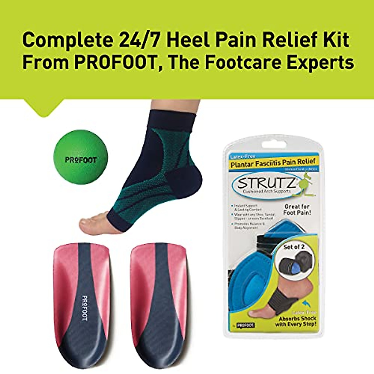 PROFOOT Plantar Fasciitis Pain Relief Kit with Shoe Insoles, Arch Support Cushions, Compression Sleeve & Foot Massage Ball, Women's Size 6-12 (4 Piece Set)