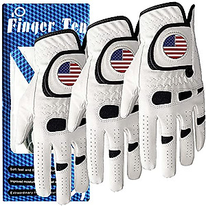 Golf Gloves Men Left Hand Right Handed Golfer 3 Pack with Ball Marker Soft Leather Weathersof Grip Mens Glove Size S M ML L XL XXL 3XL (3 Pack-White, Cadet L, Worn on Left Hand(Right Handed Golfer))