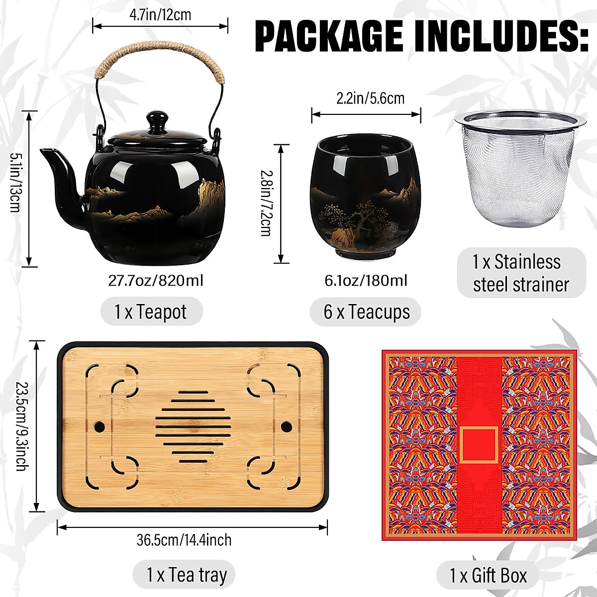 Hushee Japanese Tea Set in Gift Box Asian Tea Set Magic Teapot with 1 Teapot, 6 Tea Cups, 1 Tea Tray, 1 Stainless Infuser, Black Ceramic Chinese Porcelain Tea Set Gift for Tea Adult Lover Office Home