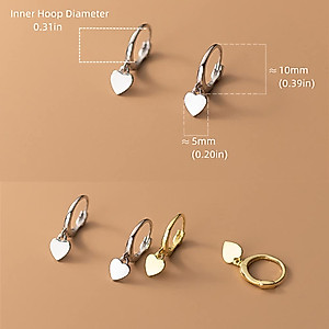 Dainty Heart Dangle Cartilage Small Hoop Earrings for Women 925 Sterling Silver Hypoallergenic Piercing Ear Cute Love Charms Huggie Hoops Minimalist Jewelry Gifts 8mm (14K Gold Plated)