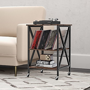 Giantex Record Player Stand, Vinyl Record Storage Table w/ 3 M-Shaped Dividers & 4 Rolling Wheels, Turntable Stand Holds Up to 250 Albums for Living Room, Office, Rustic Brown