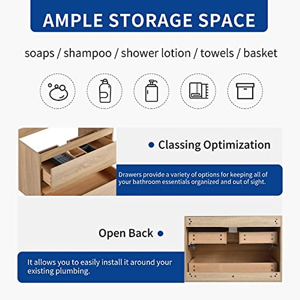 Henf 30" inch Wall Mounted Bathroom Vanity with Sink, Modern Floating Bathroom Vanity with White Integrated Gel Sink & Two Drawers, Plywood Hanging Bath Cabinet w/Resin Wash Basin (Light Oak)