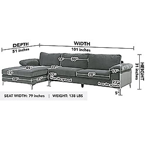 Casa Andrea Milano llc Modern Large Velvet Fabric Sectional Sofa L Shape Couch with Extra Wide Chaise Lounge, Grey