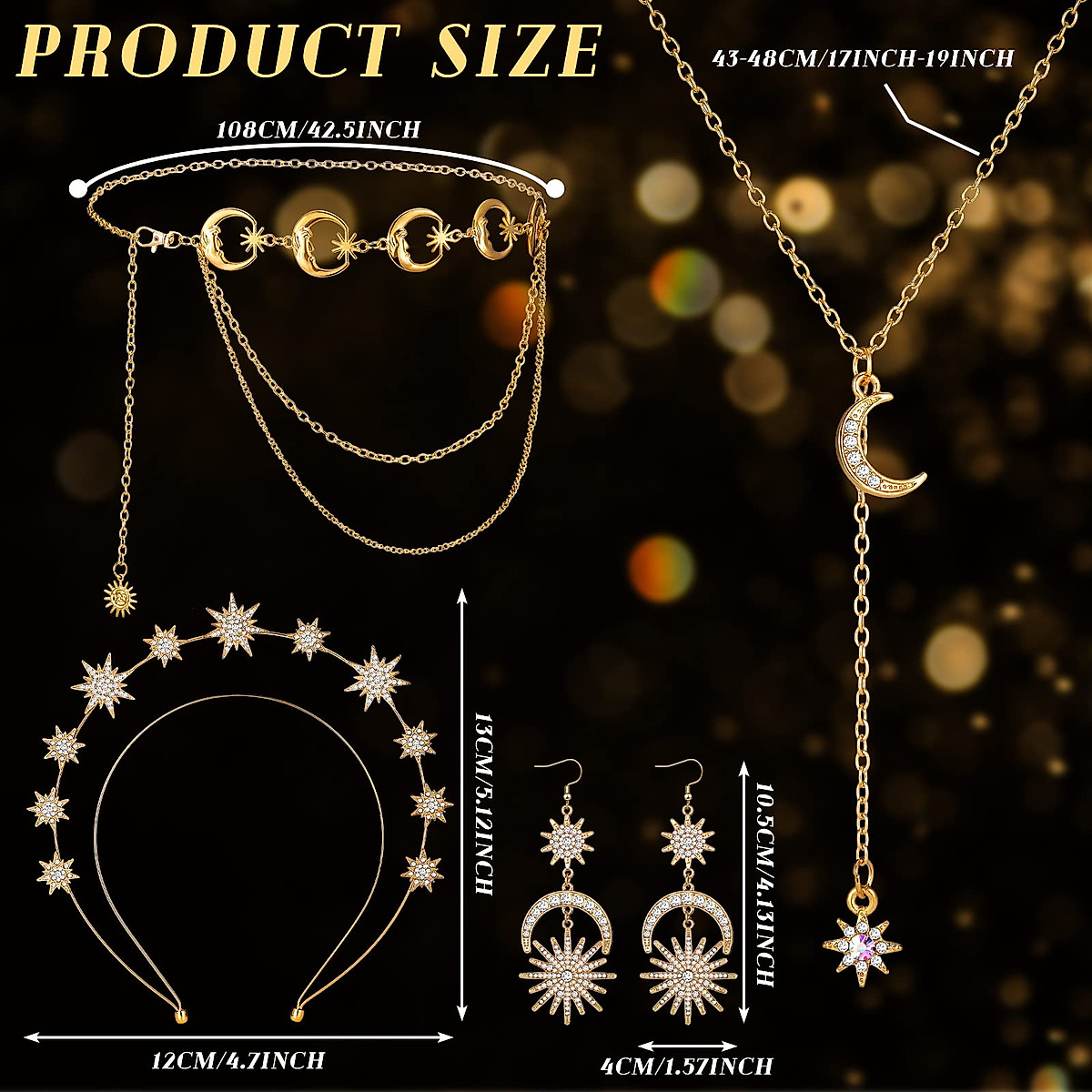 Glenmal 4 Pieces Halo Crown Moon Stars Necklaces and Body Chain Halo Headband Drop Earrings Halo Tiaras Headpiece for Women(Gold)