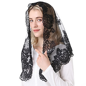 Spanish Mantilla Traditional Church Mass Head Covering Chaple Lace Veil Catholic Mass First Coummunion Bridal Latin Mass Veil (Black)