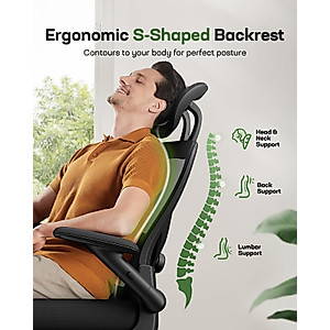 Marsail Ergonomic Mesh Office Chair High Back Desk Chair Adjustable Lumbar Support with Headrest Flip-Up Liftable Arms Swivel Computer Task Chair for Big and Tall People