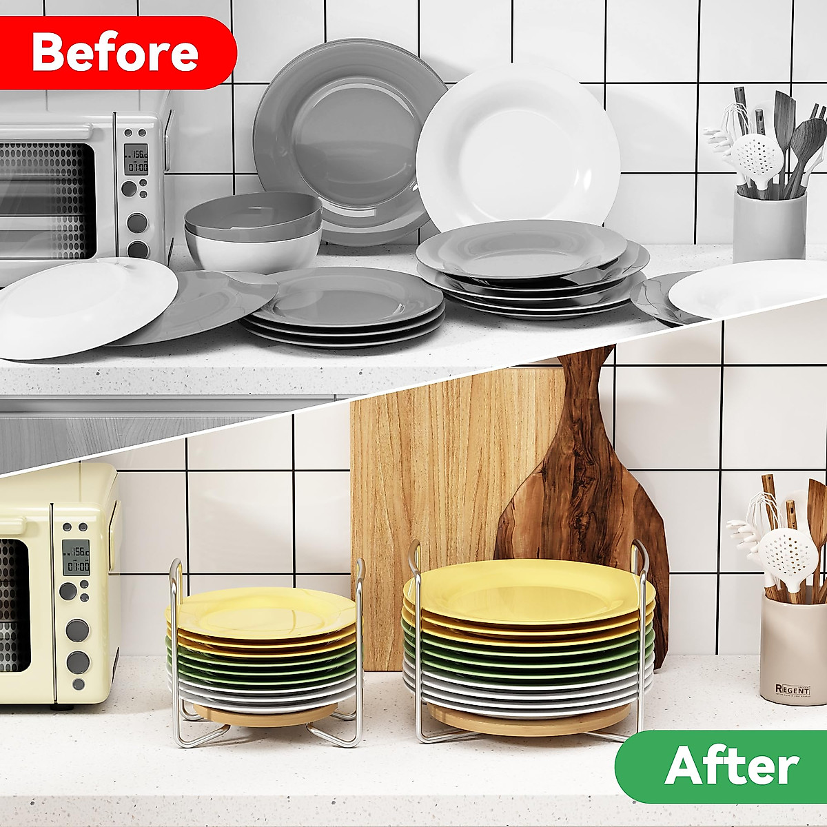 Piconico Plate Holder for Kitchen Drawers - Bamboo Dish Racks for Kitchen Counter 2Pcs Small & Large - Adjust 6.75" to 12.5" Stainless Steel Plate and Bowl Organizer for Cabinet, RV, Countertop