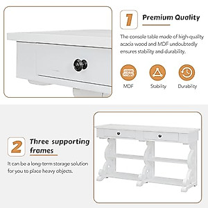 Rockjame Console Table, Retro Wood Sideboard with Ample Storage, Classic Accent Entryway Table with 2 Drawers and Open Adjustable Shelves for Entrance Dinning Room Living Room (Antique White)