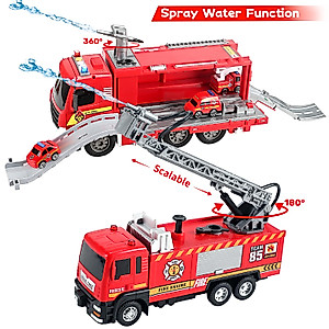 CUTE STONE 7 Pack Fire Trucks with Water Spraying Function, Fireman Toy Firetrucks with Sound and Light, Pull Back Cars, Friction-Powered Vehicles, Gift for Toddlers and 3+ Year Old Boys