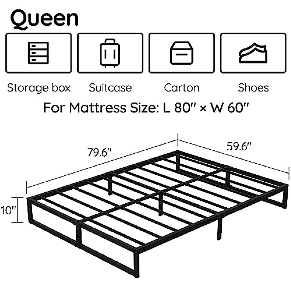 Richwanone 10 Inch Queen Bed Frame Metal Platform Mattress Foundation with Steel Slat Support, No Box Spring Needed, Easy Assembly, Black