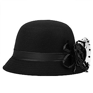 Glamorstar Vintage Felt Cloche Hat Winter Floral Fedora Bucket Hat Bowler Hats (as1, alpha, one_size, Black)