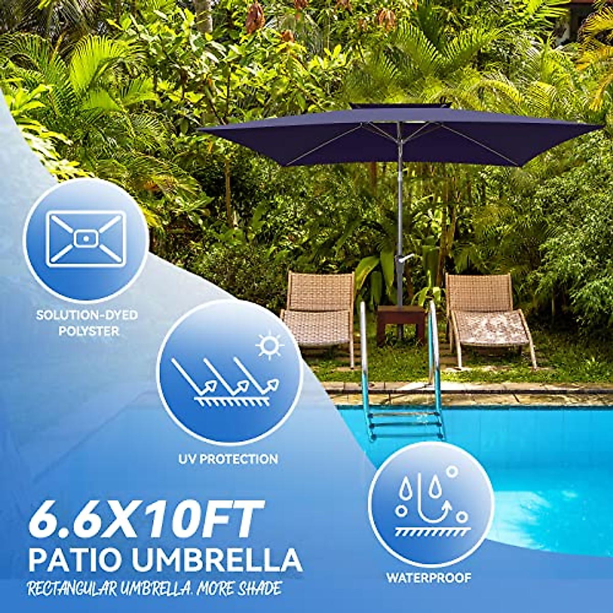 Pakarde 6.6x10ft Rectangle Patio Umbrellas 2 Tiers Outdoor Table Umbrella with Push Button Tilt and Crank for Pool, Backyard, Deck, Picnic, Yard