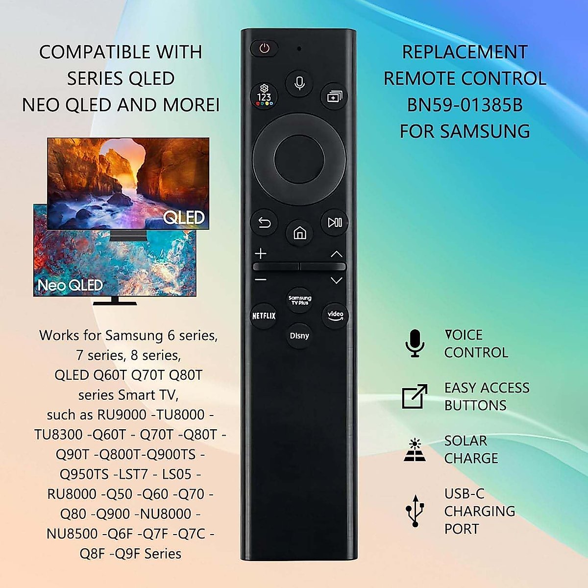 Fourmor Original Voice Remote Control - BN59-01385A Solar Charging for Samsung 2021 and 2022 and2023 Smart TVs. Also Bn59-01385B Full Function Replacement