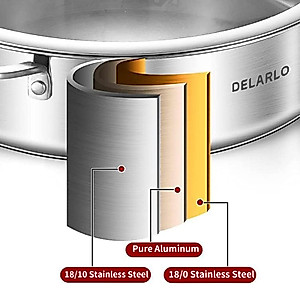 DELARLO Tri-Ply Stainless Steel Saute Pan With Lid 5.5QT,12.3Inch Deep Frying pan,Induction Large Skillet,Jumbo Cooker,Efficent Fast Even Heating Cooking Pan Dishwasher and Oven Safe