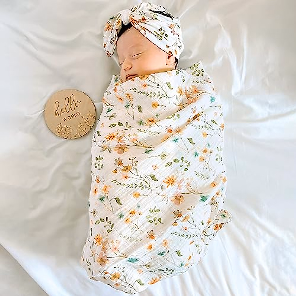 LifeTree Newborn Swaddle Set with Matching Hat and Bow, Wooden Birth Announcement Card, Baby Girl Newborn Receiving Blanket Baby Swaddle Floral Motif Nursery Swaddle Wrap