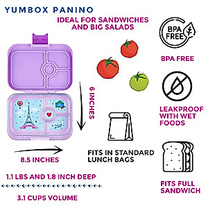 Yumbox Leakproof Bento Box Panino: 4-Compartment Kids & Adults Bento; Perfect for Sandwich Packed Lunch; Compact 8.5x6x1.8; Healthy Portions (Lulu Purple with Paris Themed Tray)