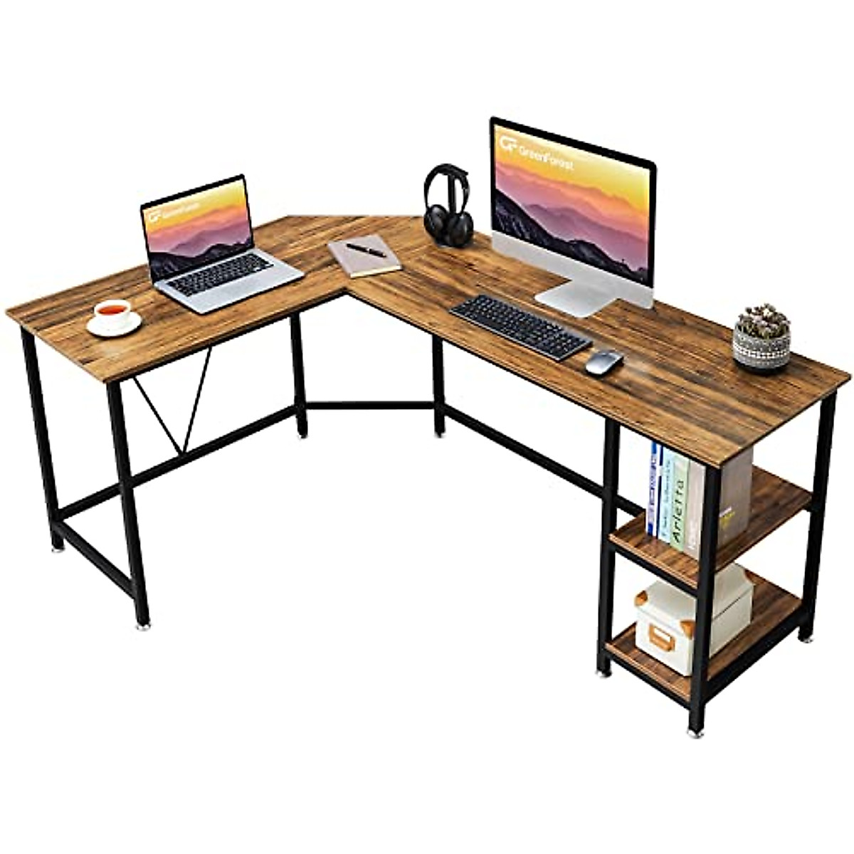 GreenForest L Shaped Computer Desk with Storage Shelves, 66 inch Modern Large Corner Gaming Desk for Home Office PC Workstation Space Saving Space, Walnut