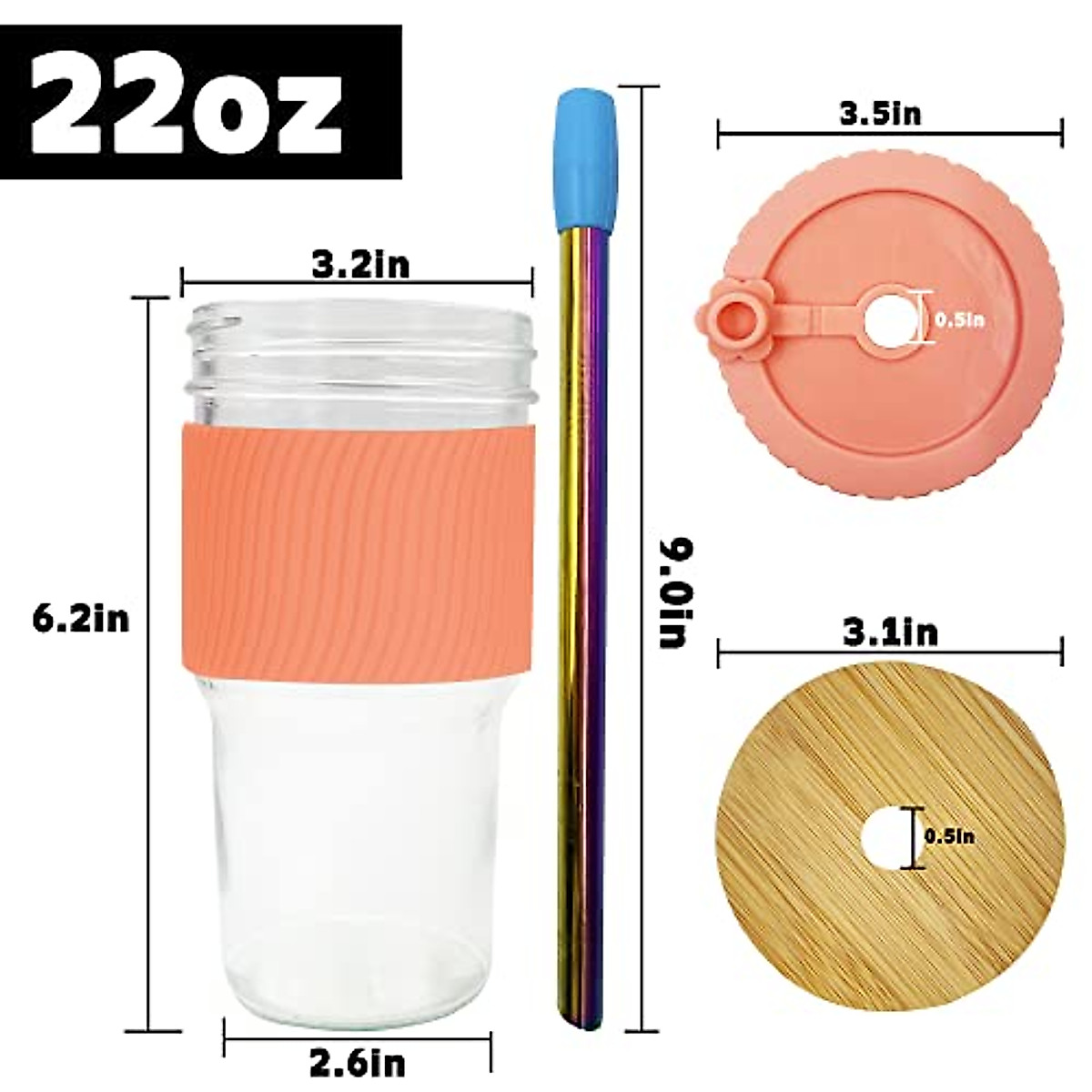 2 Pack Reusable Bubble Tea Cup , 22Oz Wide Mouth Smoothie Cups with Bamboo Lid, Silicone Sleeve & Angled Wide Straws, Leakproof Glass Mason Jars Iced Coffee Glasse Cup for Iced Coffee，Soda(Pink)