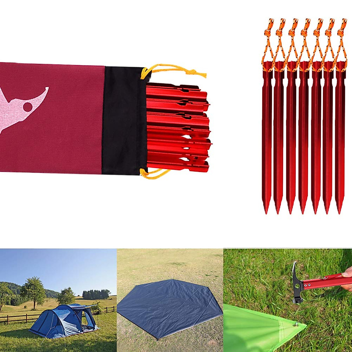 Haploon Camping Accessories Kit, Aluminum Tent Mallet Stake Hammer with Metal Tent Pegs, Nylon Guyline Rope 4x13ft with Cord Adjuster, Tent Accessories for Camping, Hiking, Backpacking