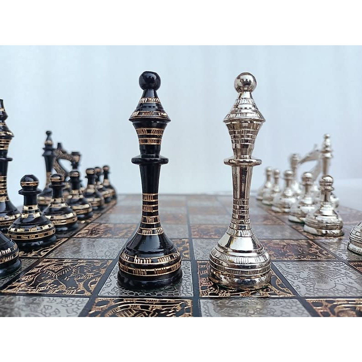 14" Handcrafted Russian Soviet Series Metal Chess Pieces & Board Set with Velvet Storage Box | Brass Metal Luxury Chess Set