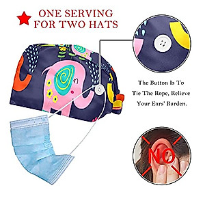 2 PCS Working Cap with Buttons and Sweatband Unisex Adjustable Tie Back Hats Bouffant Caps Cute Cartoon Boho Elephant Water Spray Sunflower Scrub Hat Turban Cap