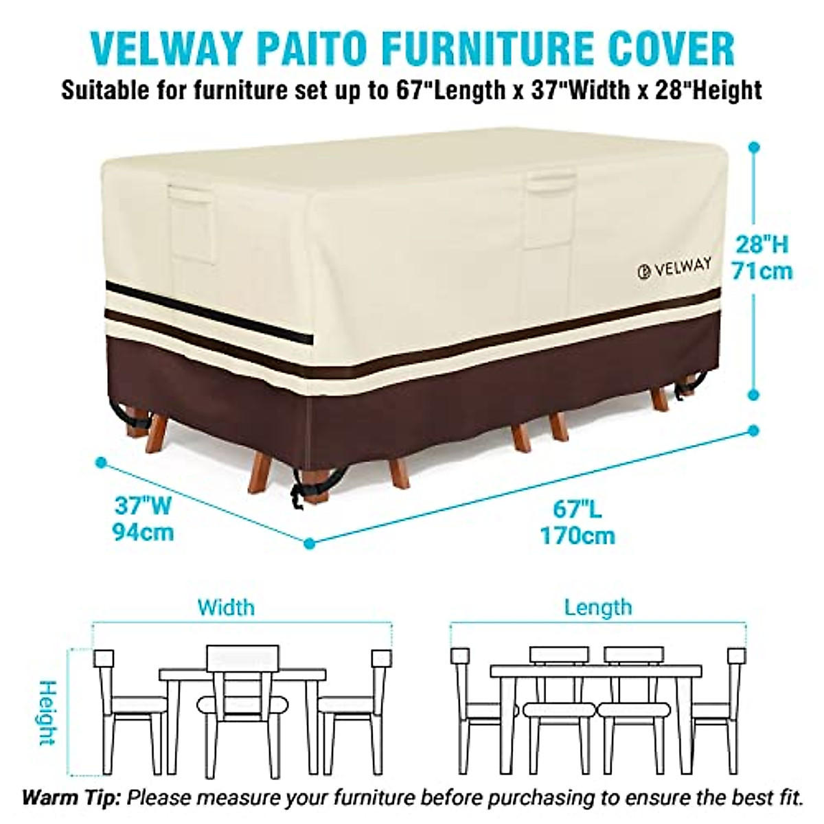Velway Patio Furniture Covers Waterproof Outdoor Table Cover with Seam Taped, 67" Lx37 Wx28 H Patio Table and Chair Cover Tear-Resistant Rectangular Windproof with Air Vents & Adjustable Fasteners