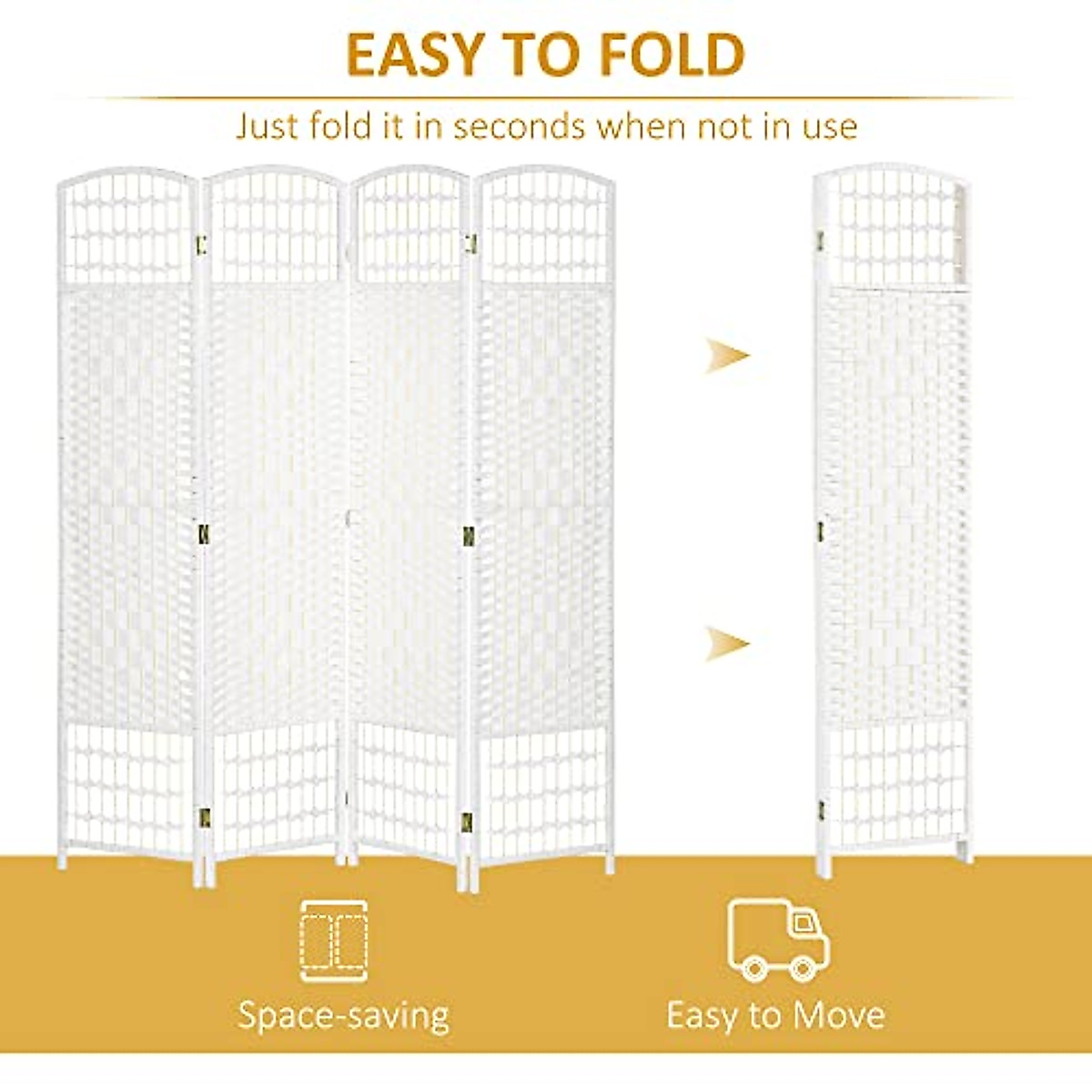 HOMCOM 4 Panel Room Divider, Folding Privacy Screen, 5.6' Room Separator, Wave Fiber Freestanding Partition Wall Divider for Rooms, Home, Office, White