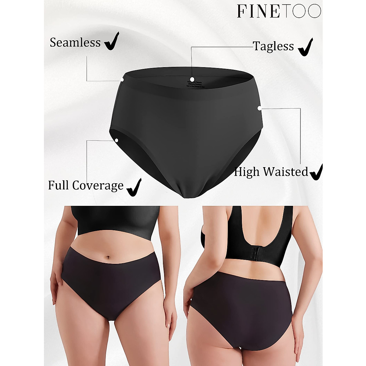 FINETOO Women's High Waisted Seamless Underwear Full Coverage Brief Ladies No Show Panties Sexy Lingerie Regular&Plus Size(L)